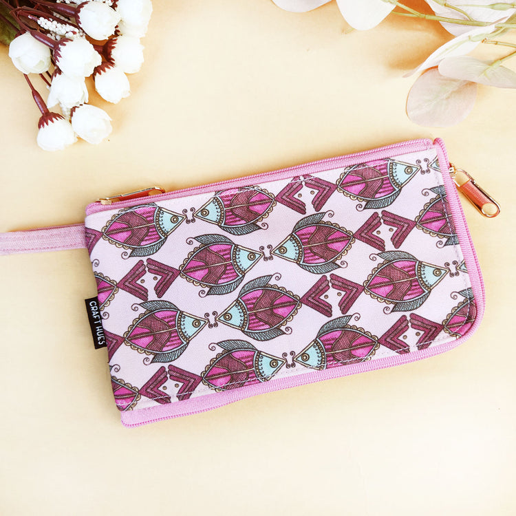 Dual Zip Wallet- Pink Fish Godna Art – Crafthues
